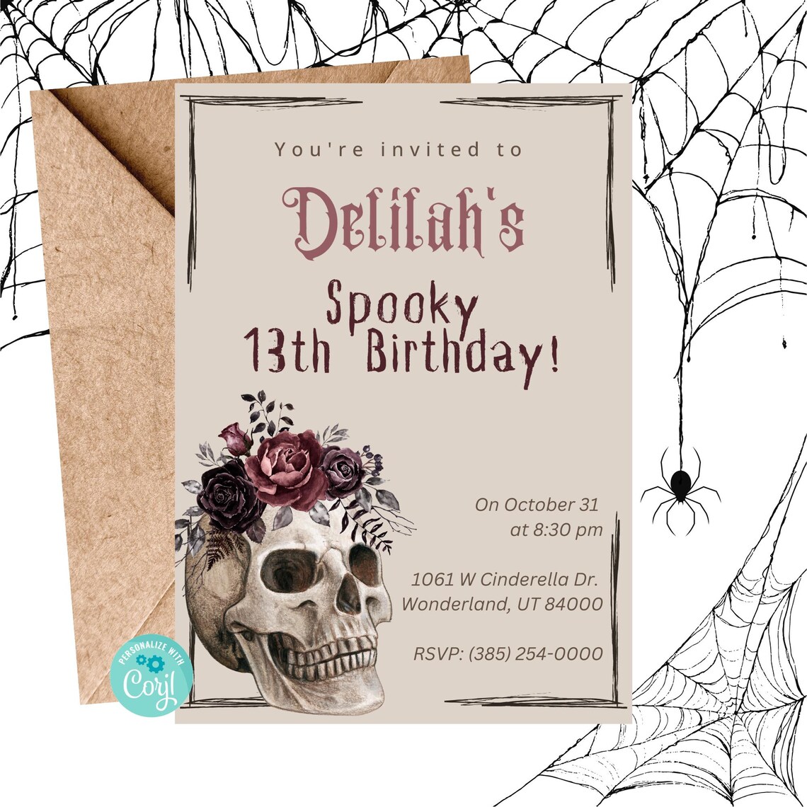 Gothic Skull Floral Birthday Invitation, Halloween Party, Dark Spooky ...