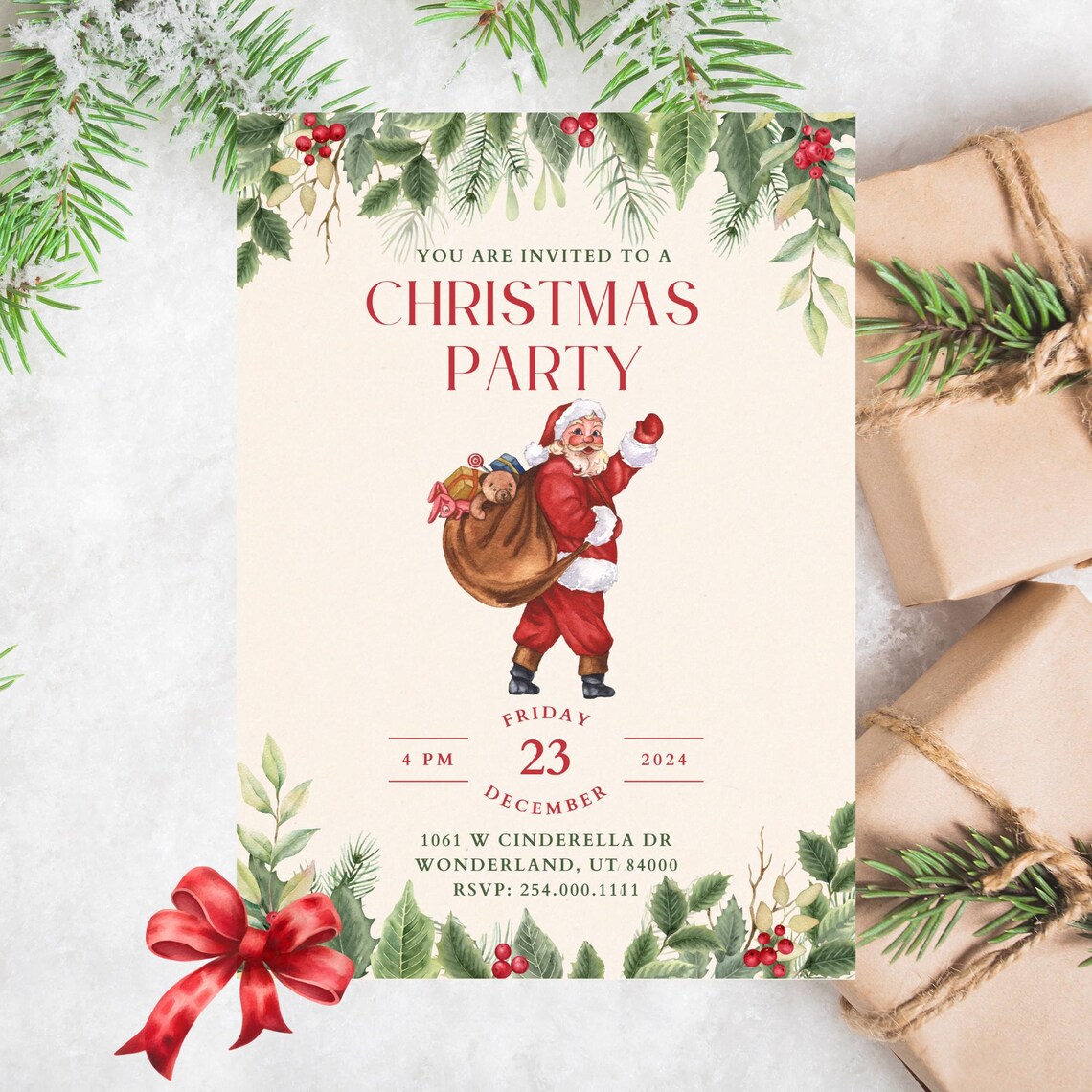 Santa Claus Christmas Party Invitation, Holiday Gathering, December ...