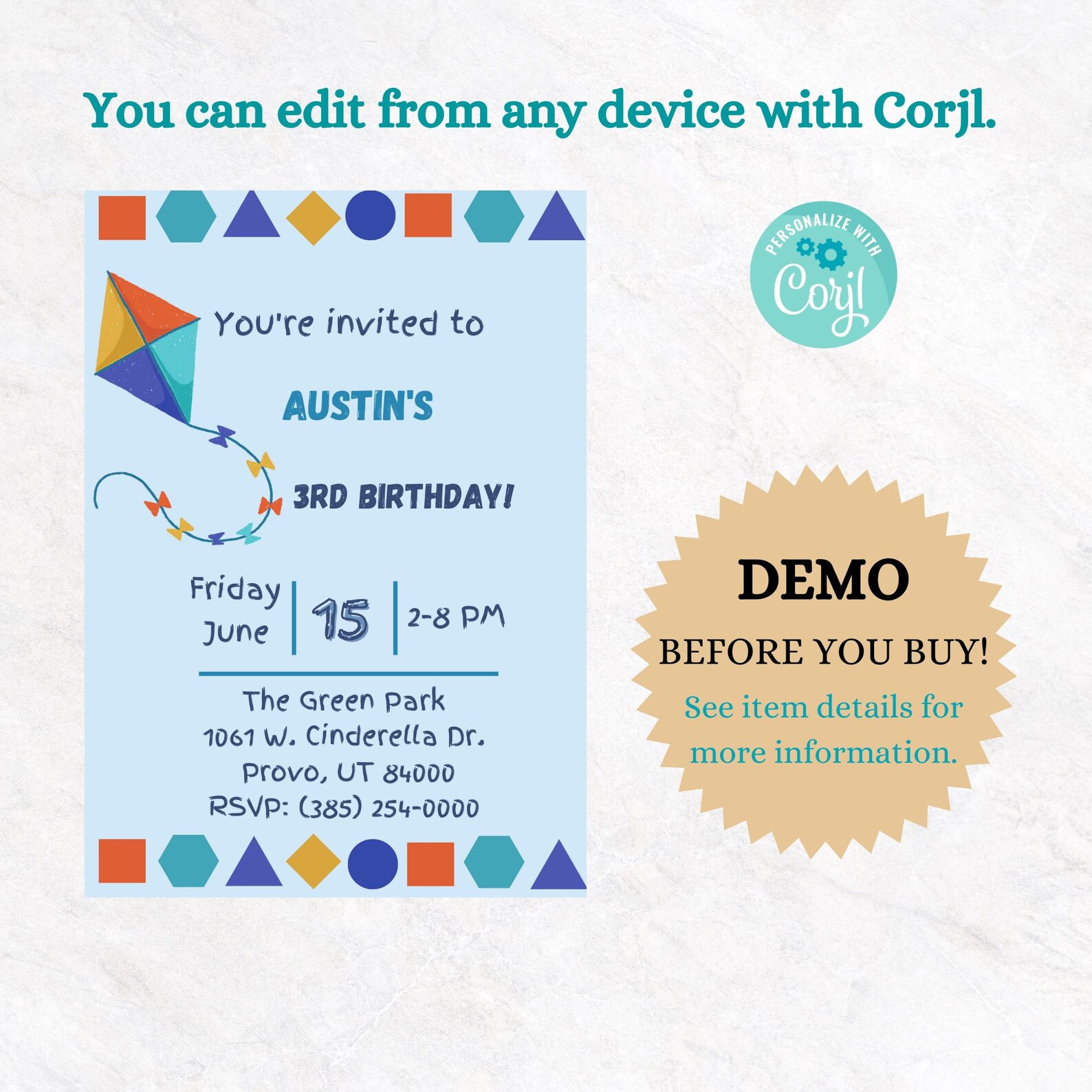 Summer Kids Birthday Invitation, Boy Party Invite, Kite Shapes Theme ...