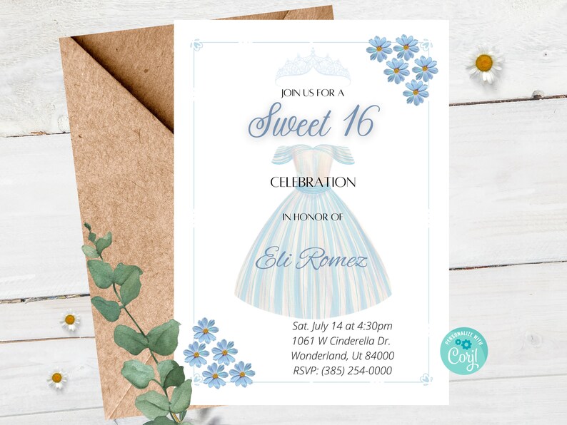 Blue Sweet Sixteen Birthday Invitation Template My 16 Party - Etsy