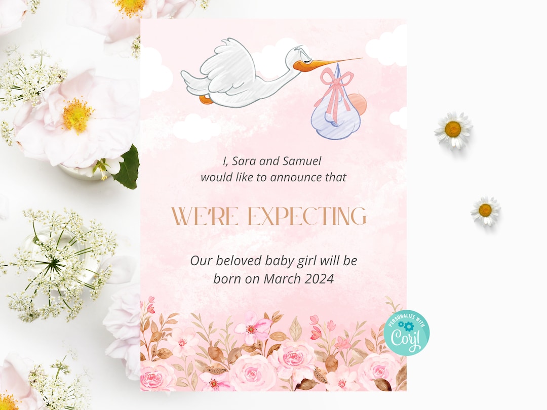 Pink Floral Pregnancy Announcement, Baby Girl Reveal, Stork Theme, We ...