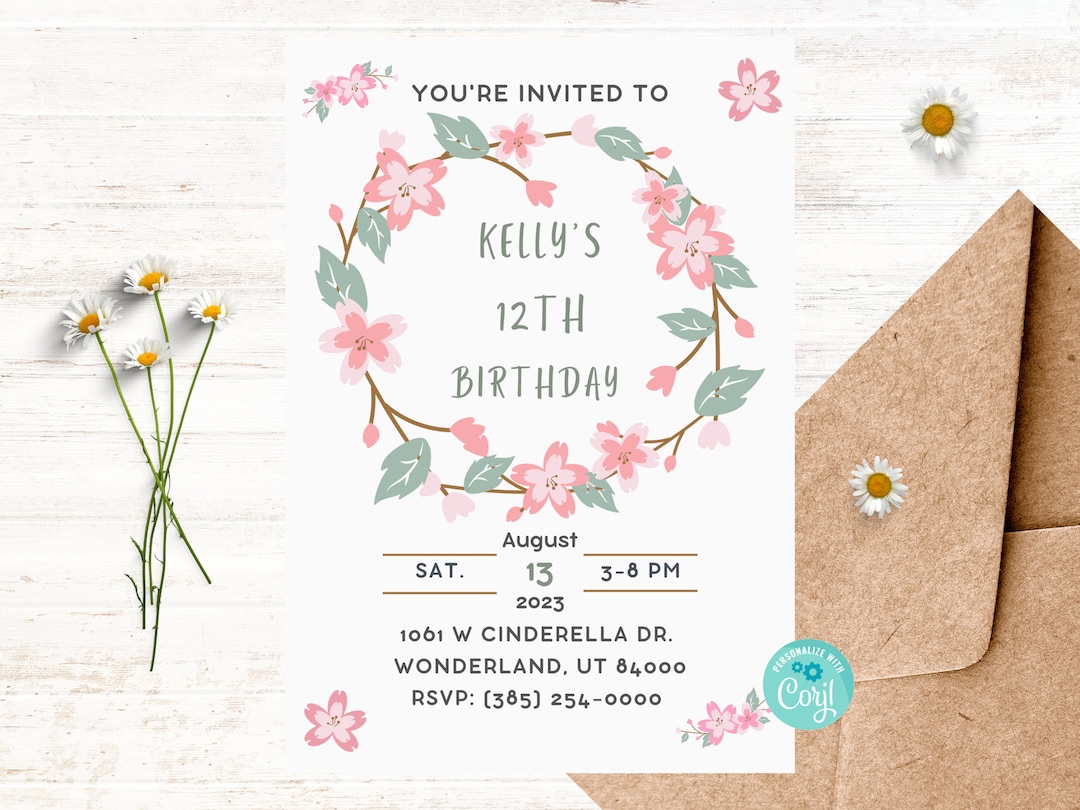 Teenager Girl Birthday Invitation Template, Pink Flowers, Teen Party ...