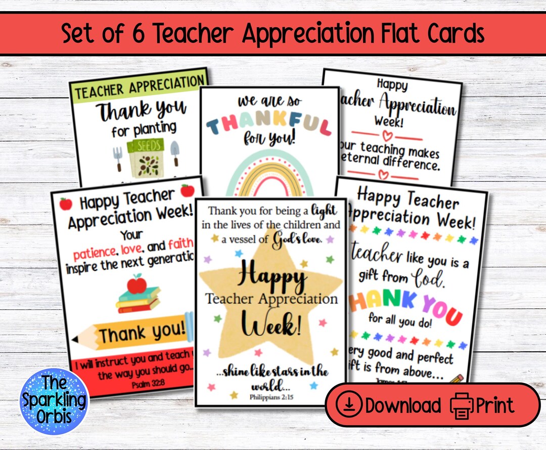 Christian Teacher Appreciation Cards: Set of 6 (digital Download) - Etsy