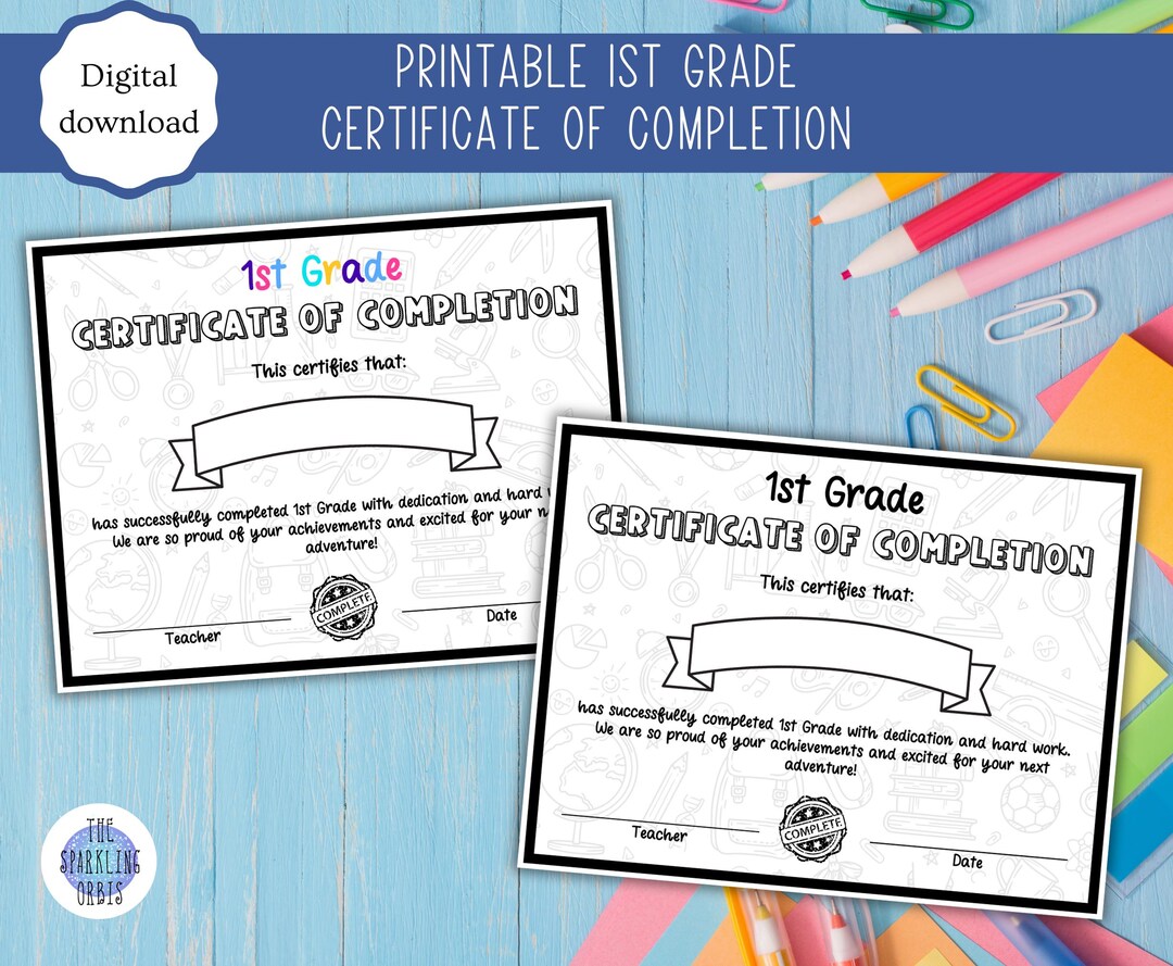 Printable 1st Grade Certificate of Completion | 1st Grade | Elementary ...