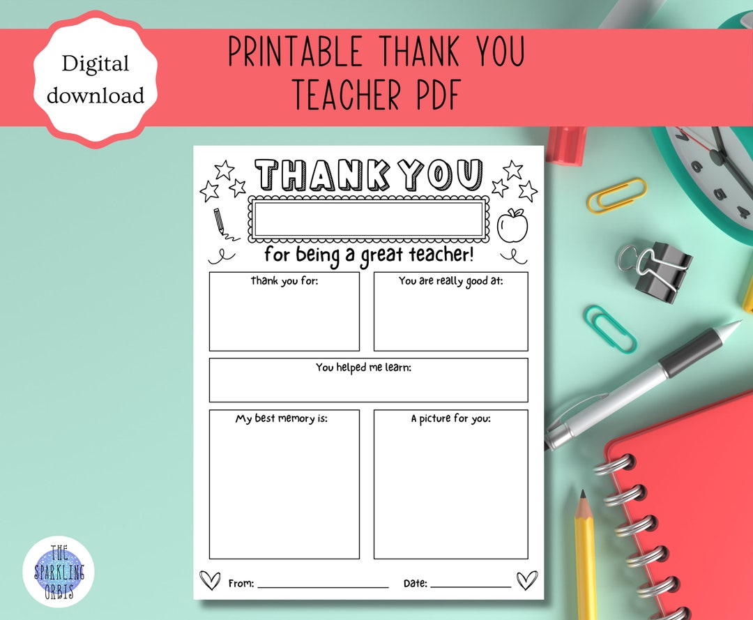 Printable Thank You Teacher PDF | Teacher Appreciation Week | End of ...