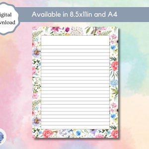 Printable Flower Note Paper 8.5x11in A4 Lined and Blank Pages 2-page ...
