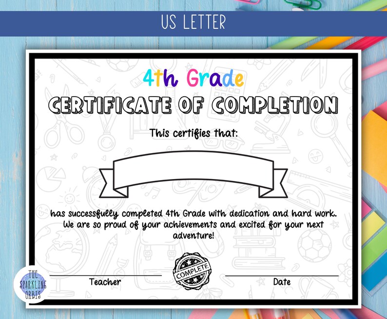 Printable 4th Grade Certificate of Completion | 4th Grade | Elementary ...