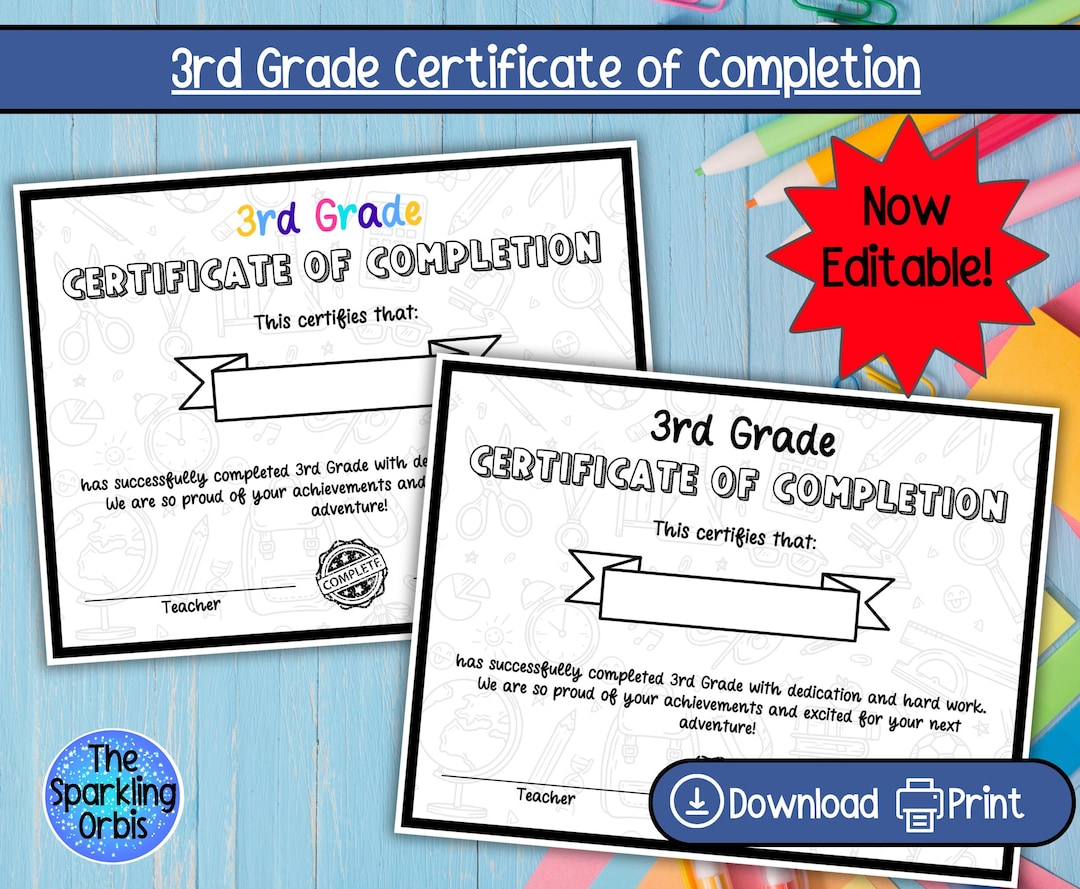 Third Grade Certificate of Completion | Printable and Editable | PDF ...