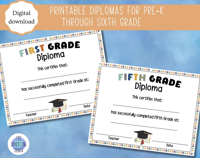 5th 6th 7th 8th Grade Graduation Party Printable Digital Diploma ...