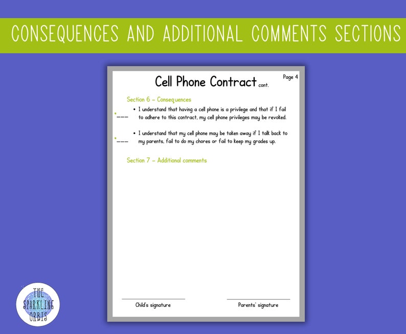 Printable Cell Phone Contract for Kids/teens | Cell Phone Agreement ...