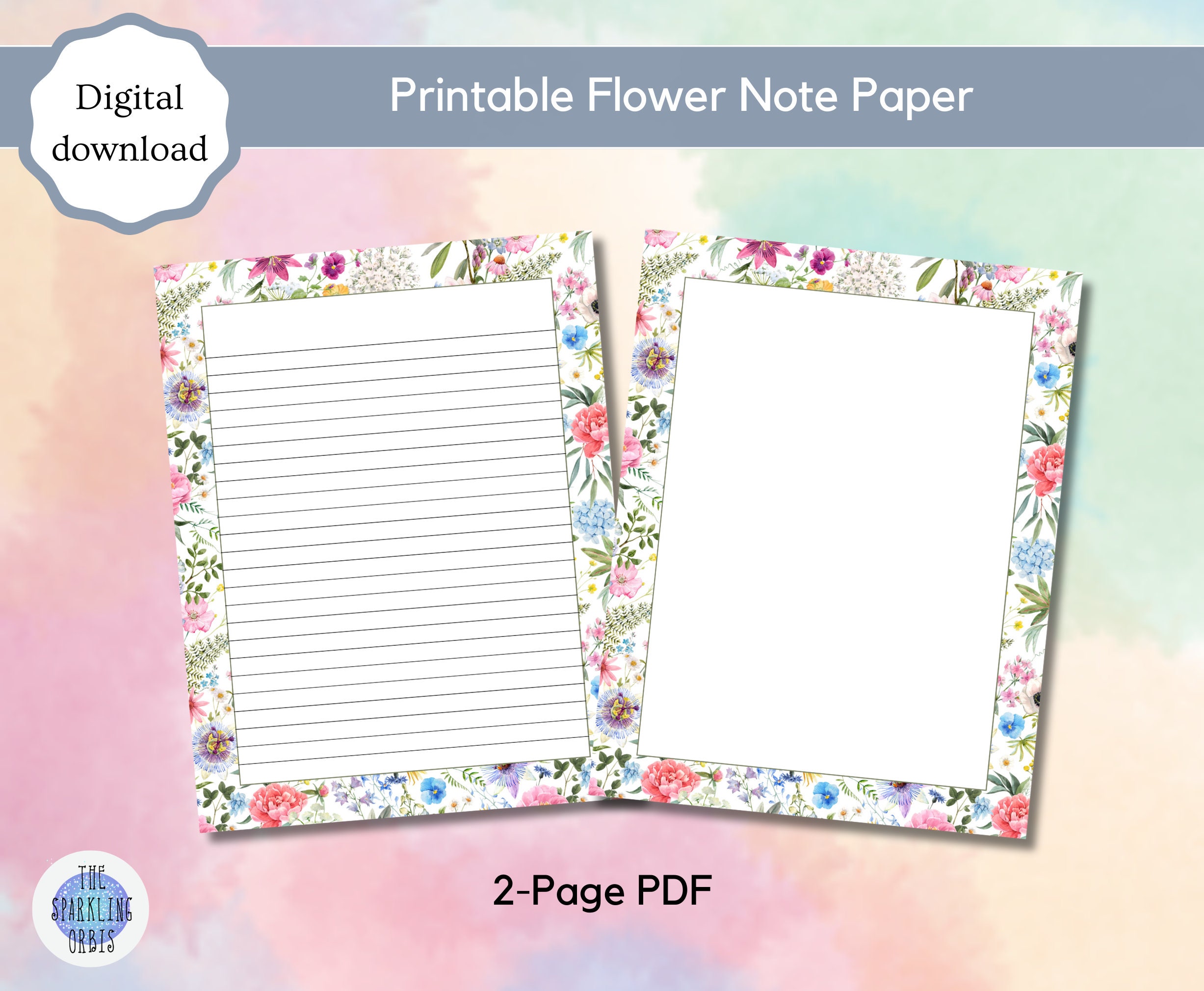 Printable Flower Note Paper | 8.5x11in | A4 | Lined and Blank Pages | 2 ...