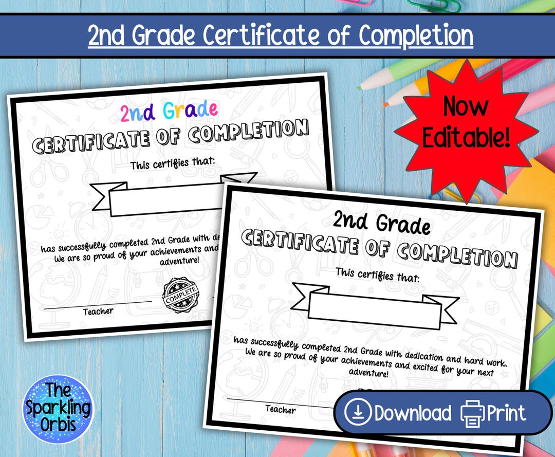 Second Grade Certificate of Completion | Printable and Editable | PDF ...