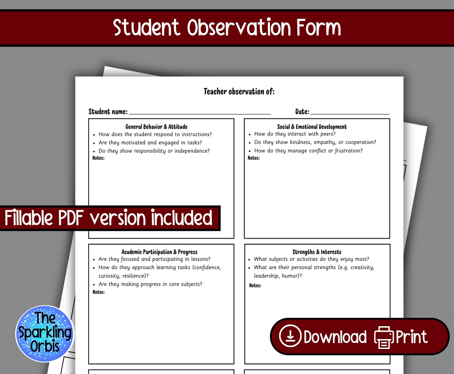 Editable Student Observation Form | Teacher Report Writing Tracker ...