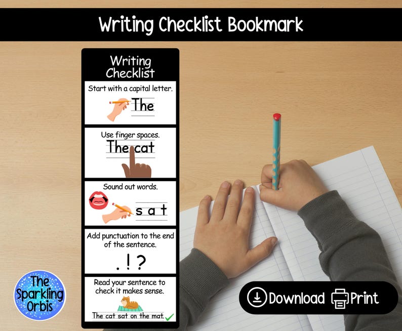 Printable Writing Checklist Bookmark: Kindergarten Homeschool Resource ...