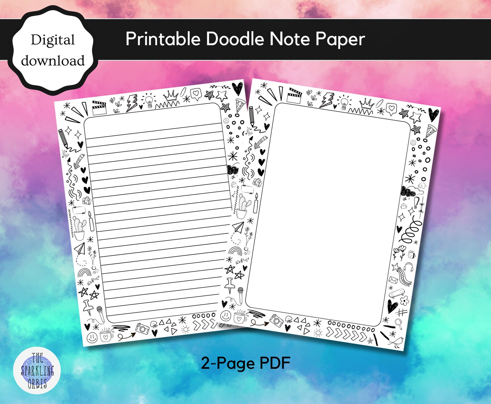 Printable Doodle Note Paper | 8.5x11in | A4 | Lined and Blank Pages | 2 ...