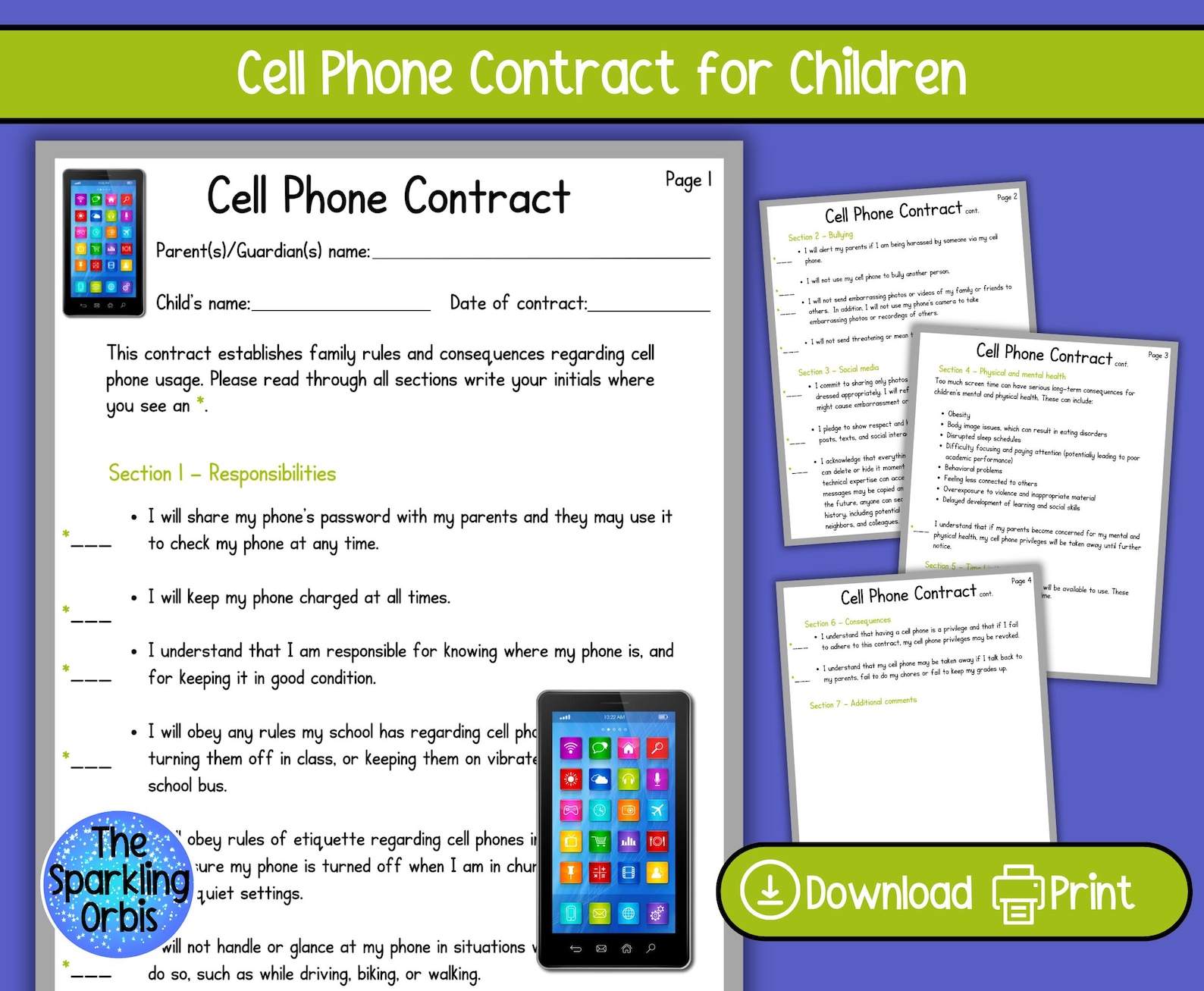 Printable Cell Phone Contract for Kids/teens (PDF) - Etsy