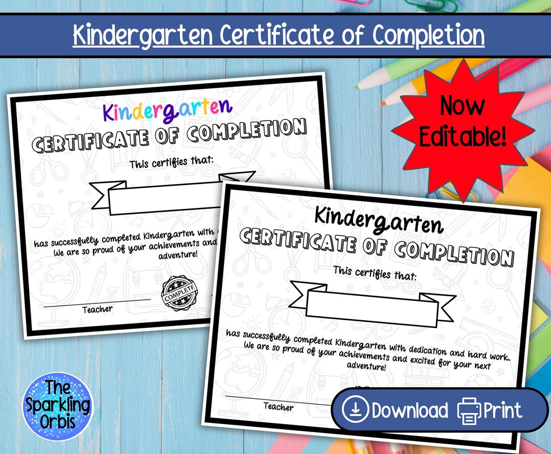 Kindergarten Certificate of Completion | Printable and Editable | PDF ...