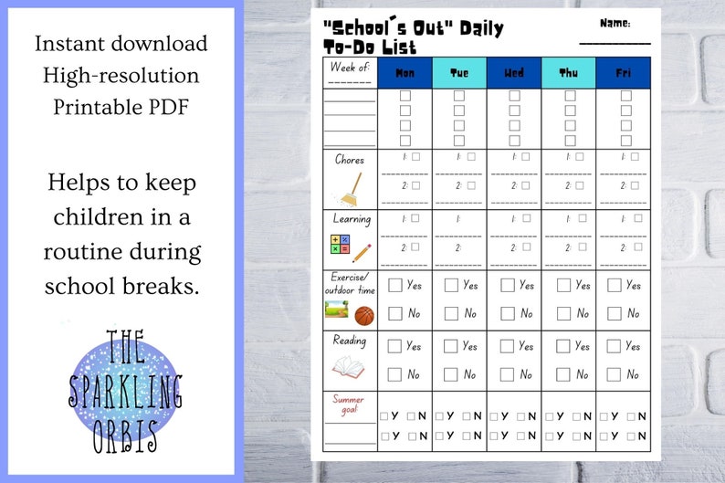School's Out Daily To-do List To-do List for Children - Etsy