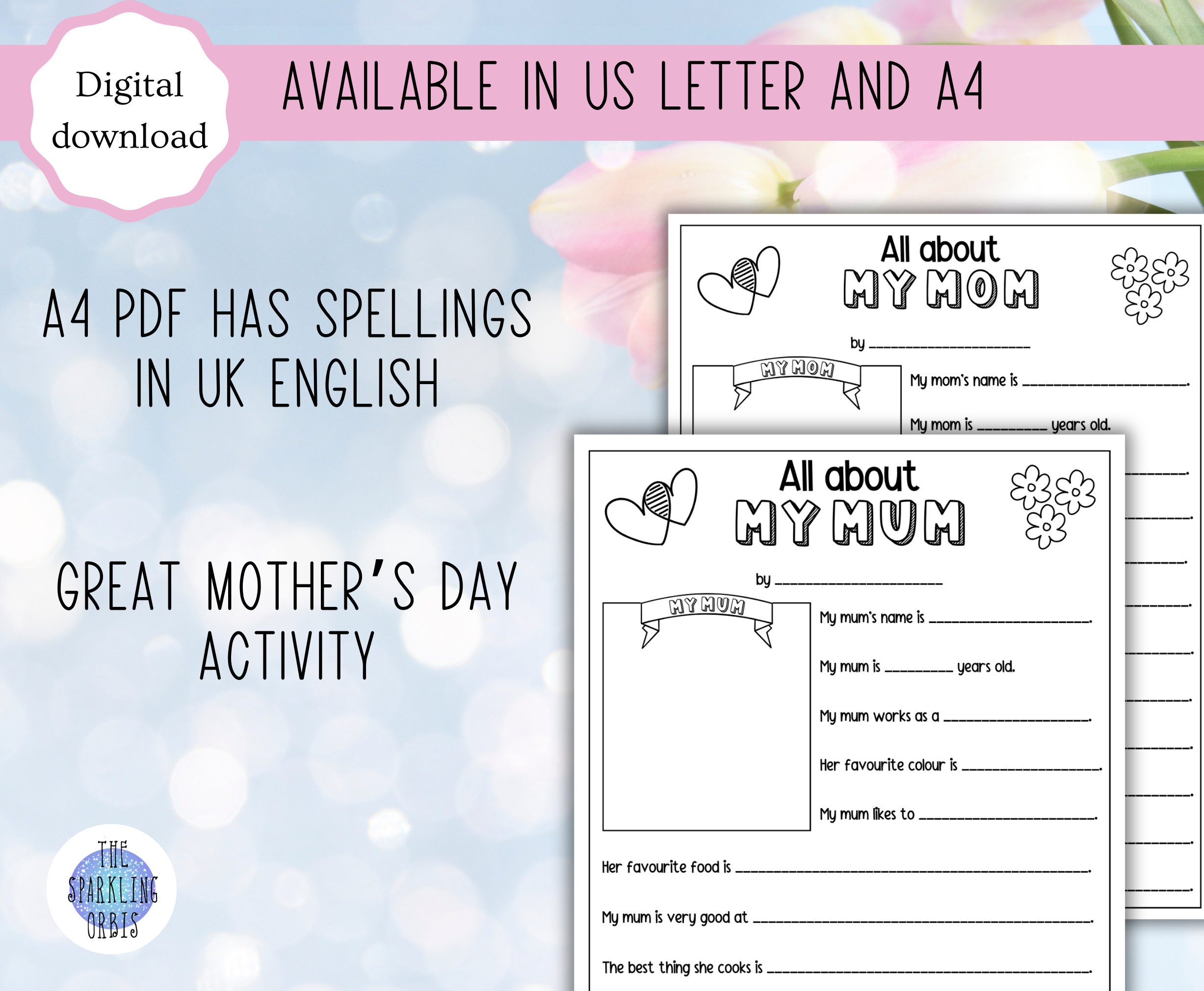 Printable All About Mom Worksheet Mother's Day Activity for Children ...