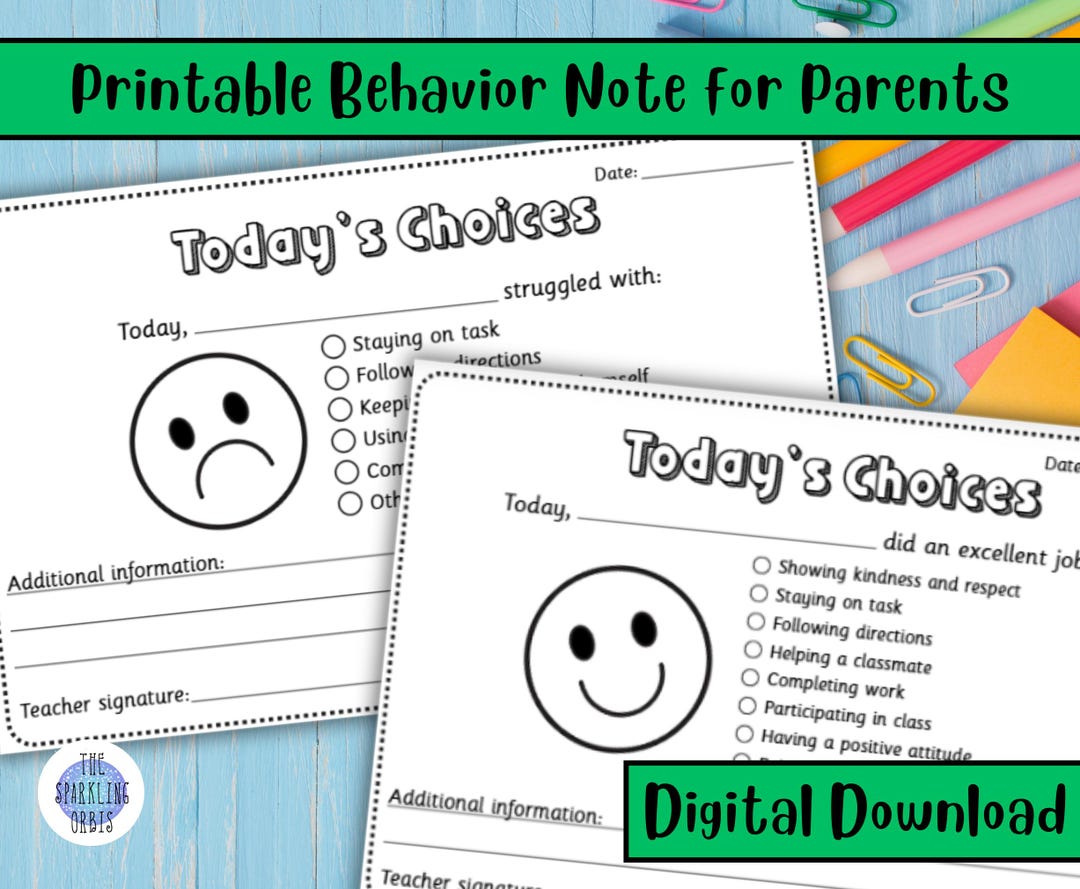 Printable Behavior Note for Parents | Positive and Negative Behavior ...