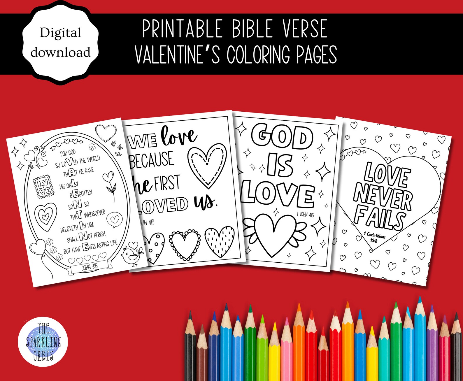 Set of 4 Printable Bible Verse Coloring Pages | Christian Valentine's ...