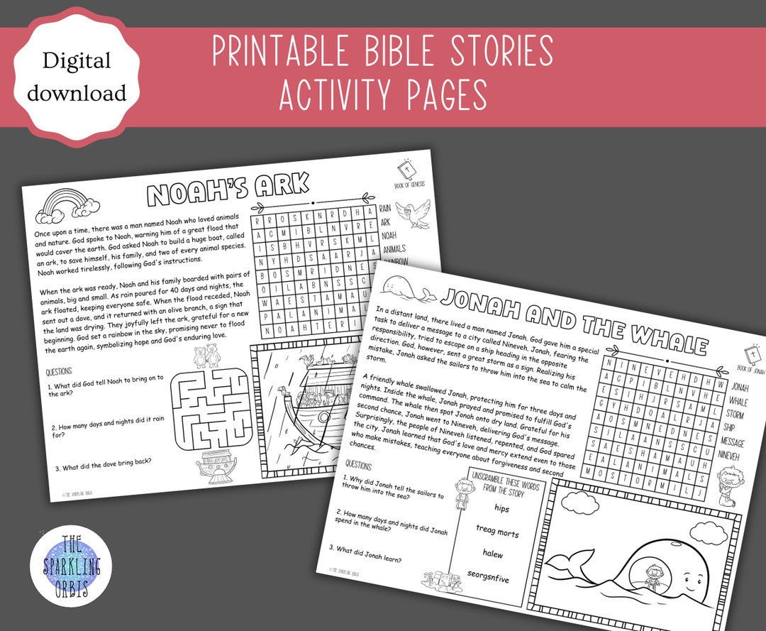 Printable Bible Stories Activity Pages | for Sunday School |noah, David ...