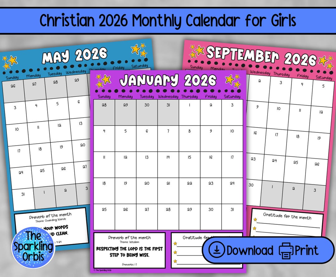 Printable Christian Monthly Calendar 2026 | for Girls | Proverbs and ...