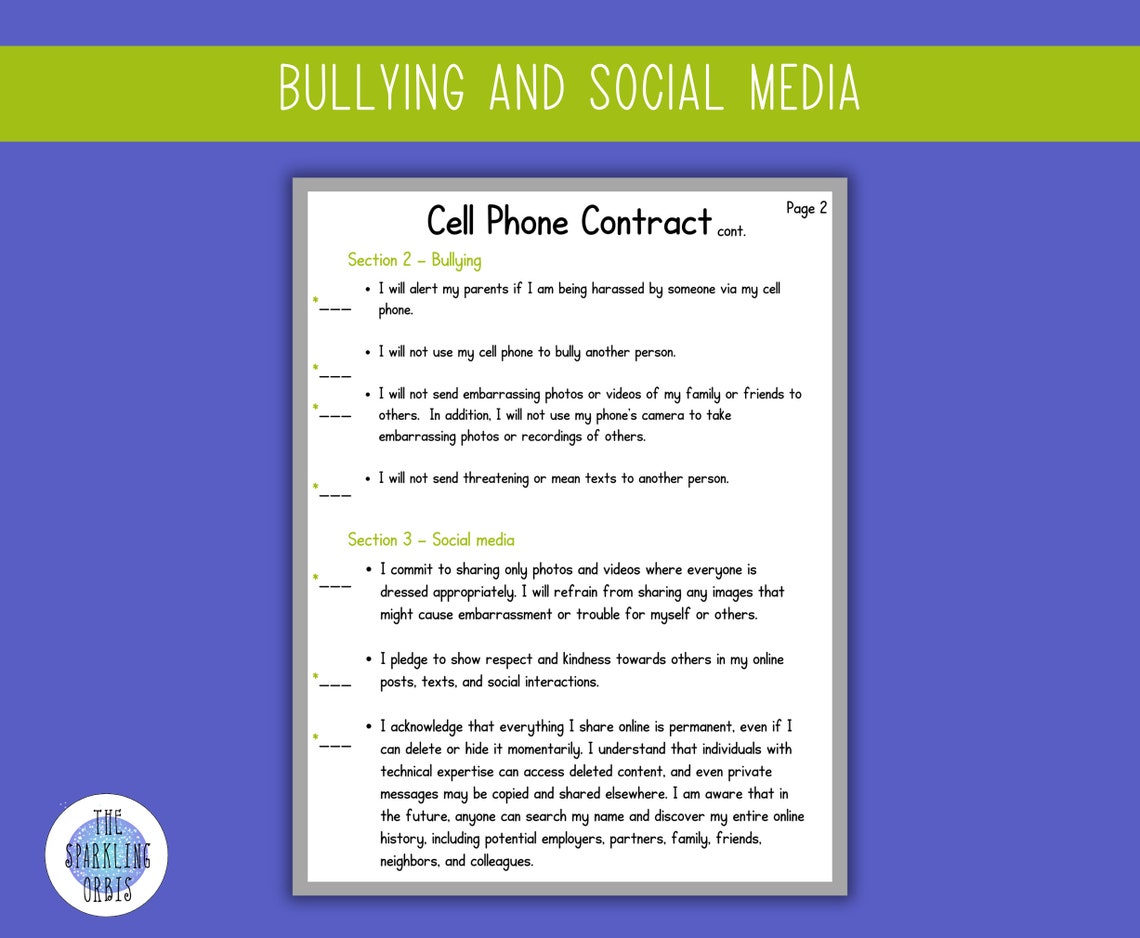 Printable Cell Phone Contract for Kids/teens | Cell Phone Agreement ...
