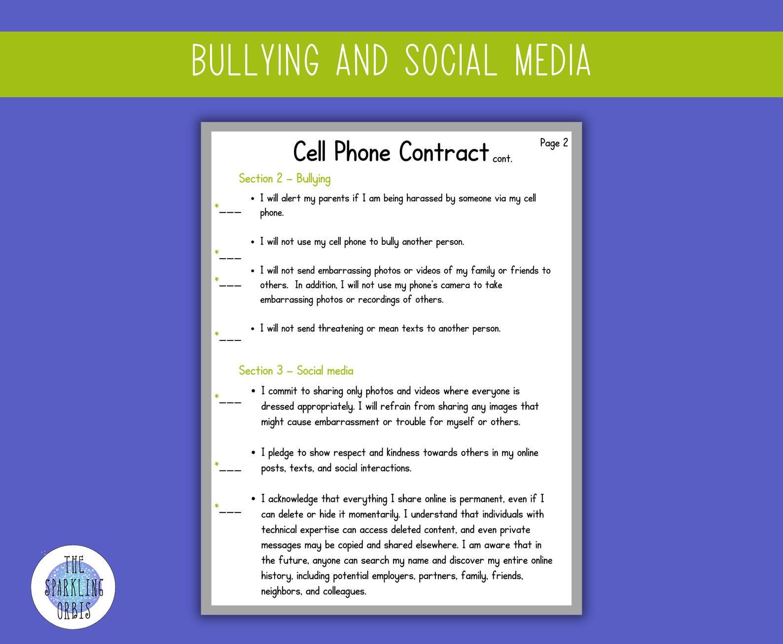 Printable Cell Phone Contract for Kids/teens | Cell Phone Agreement ...