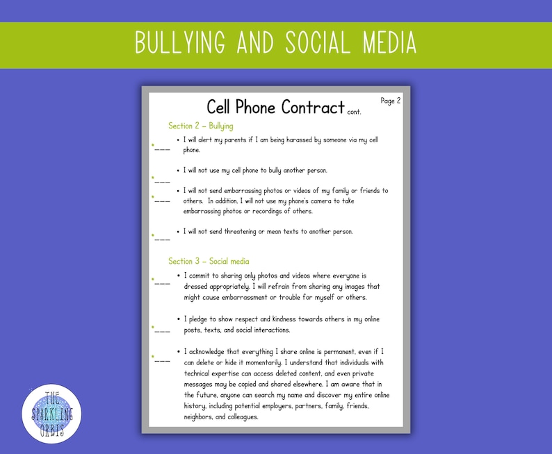 Printable Cell Phone Contract for Kids/teens | Cell Phone Agreement ...