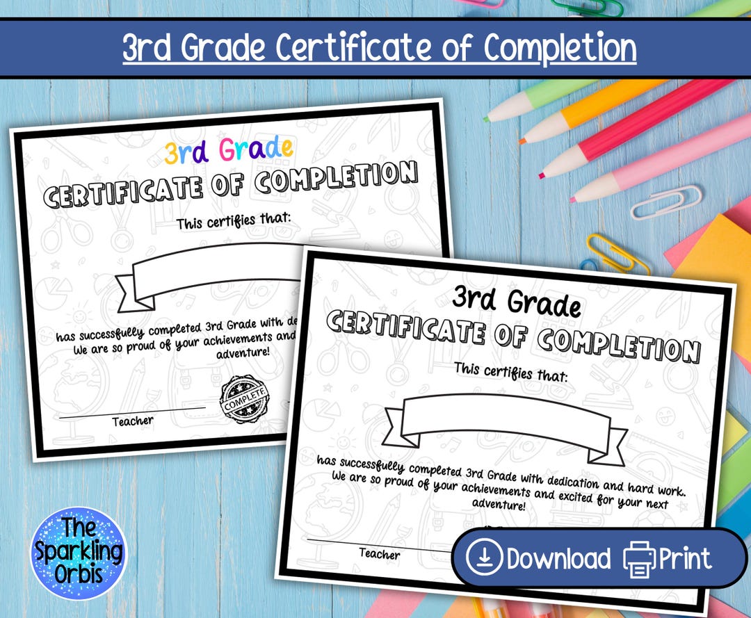 Printable 3rd Grade Certificate of Completion (PDF) - Etsy