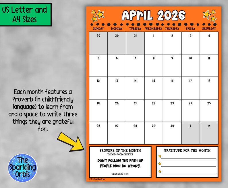 Printable Christian Monthly Calendar 2026 | for Boys | Proverbs and ...