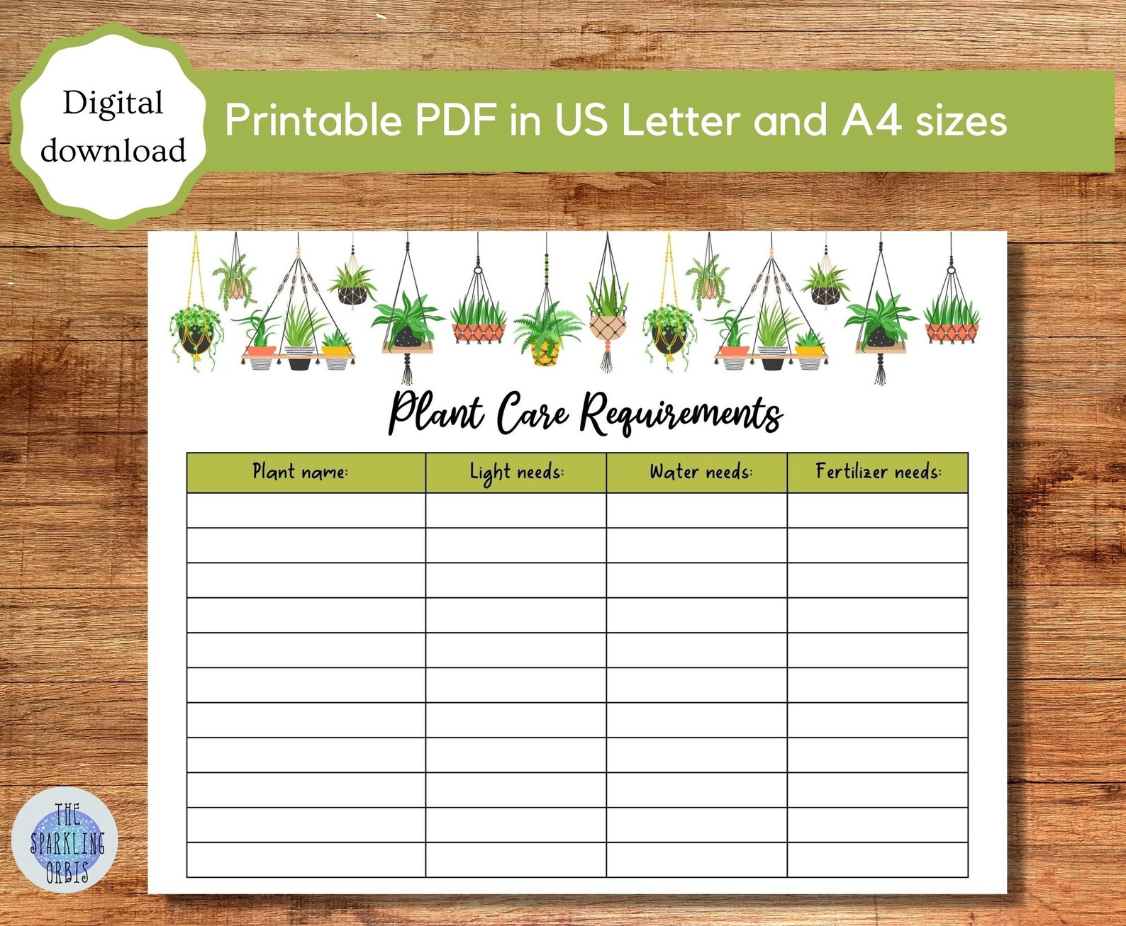 Printable Plant Care Requirements and Plant Watering Schedule Sheets ...