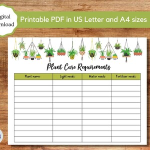 Printable Plant Care Requirements and Plant Watering Schedule Sheets ...