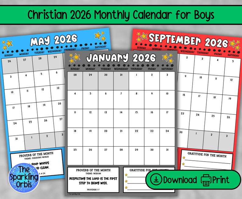 Printable Christian Monthly Calendar 2026 | for Boys | Proverbs and ...