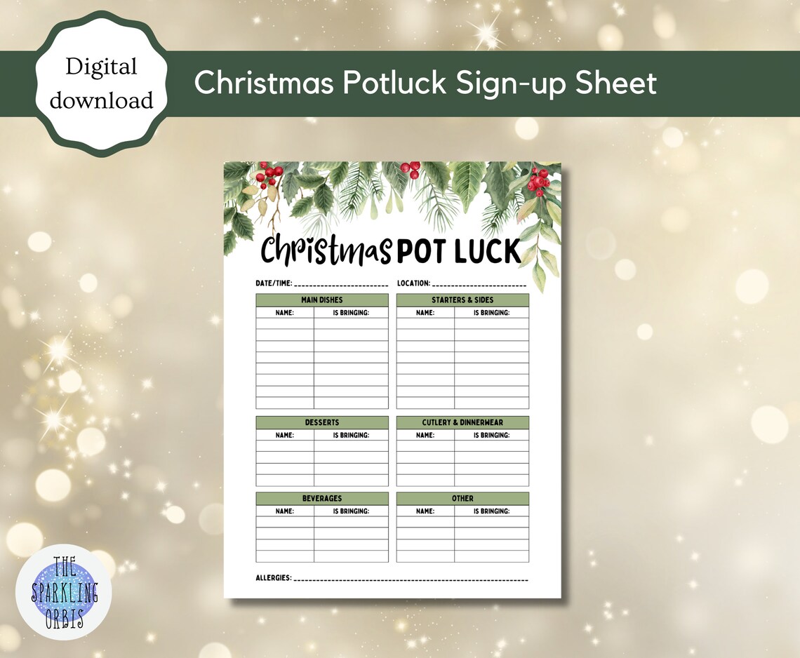Printable Christmas Potluck Sign-up Sheet | Potluck | Christmas Meal ...