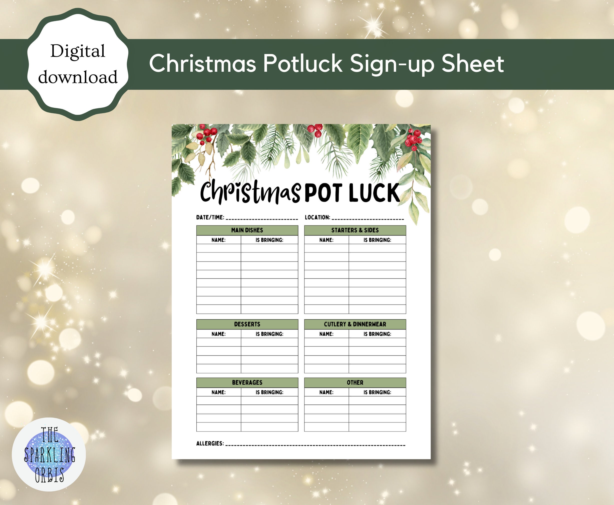 Printable Christmas Potluck Sign-up Sheet | Potluck | Christmas Meal ...