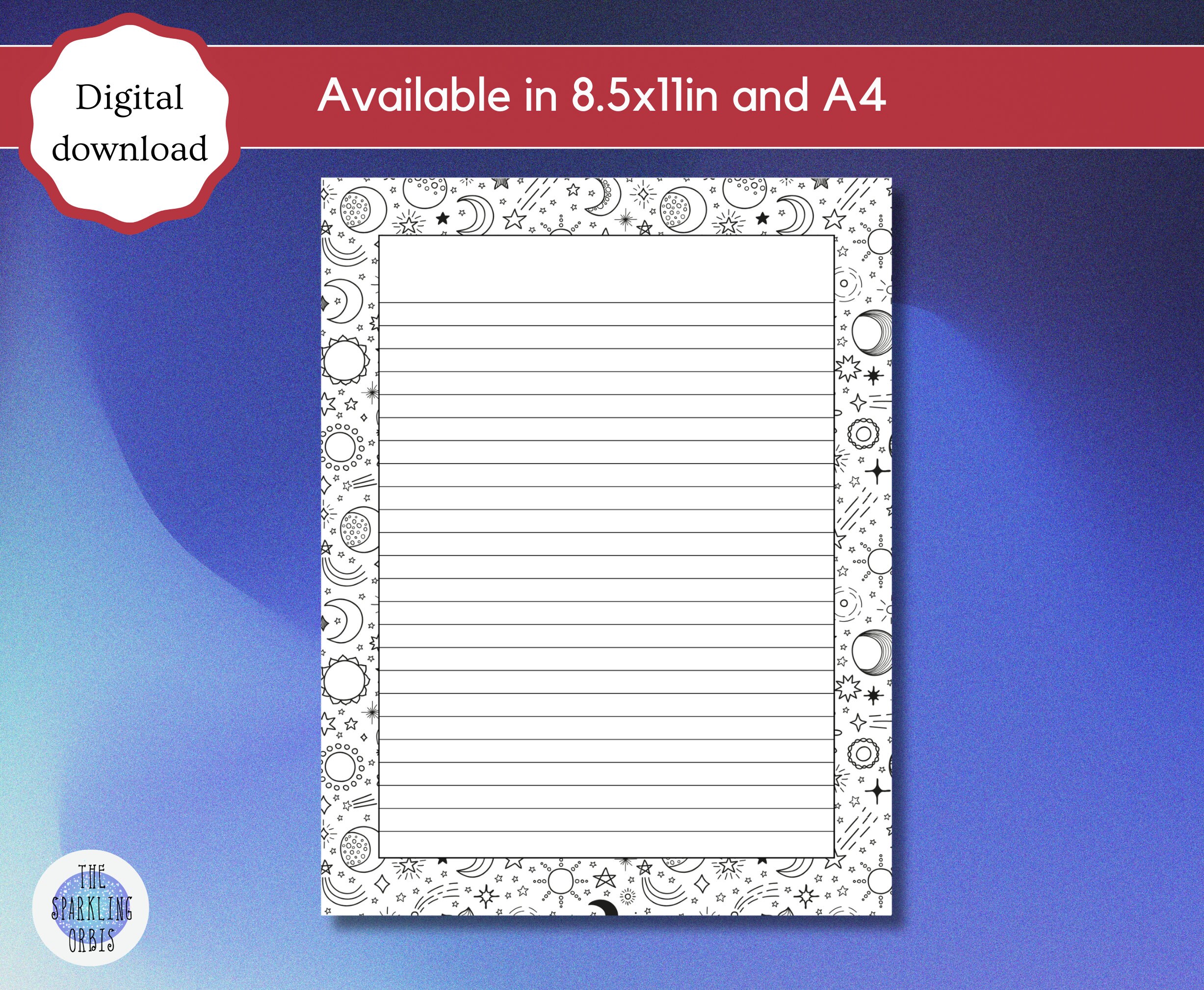 Printable Sun, Moon and Stars Note Paper | 8.5x11in | A4 | Lined and ...