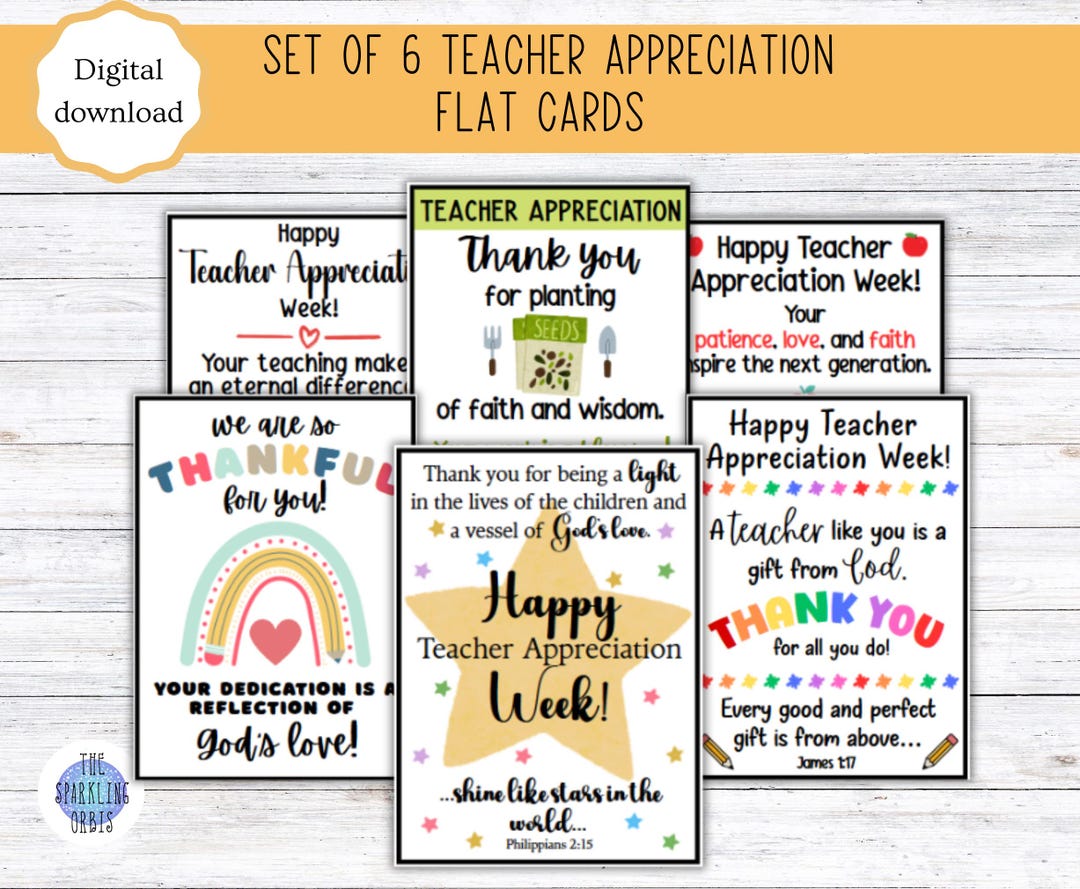 Printable Teacher Appreciation Flat Cards | Set of 6 | Christian Cards ...