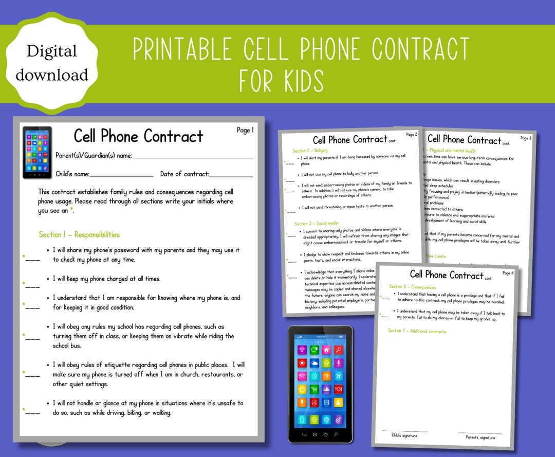 Printable Cell Phone Contract for Kids/teens | Cell Phone Agreement ...