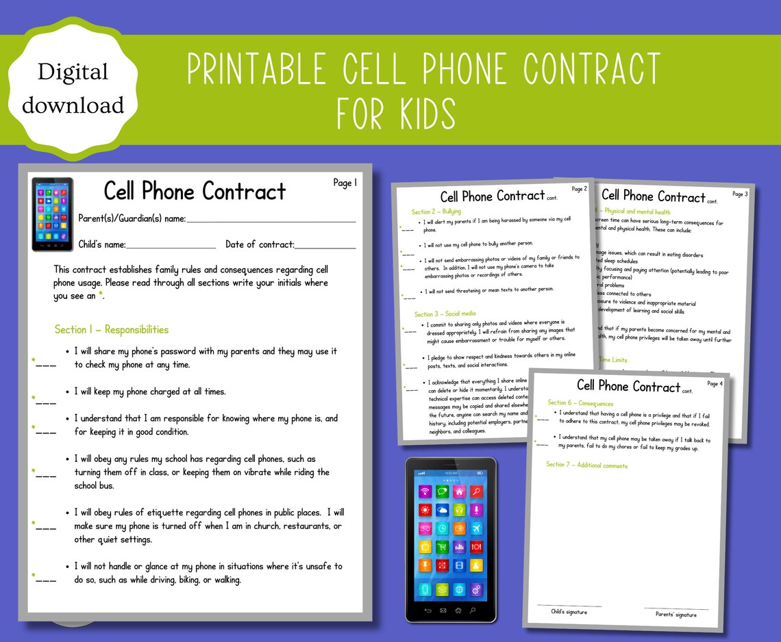 Printable Cell Phone Contract for Kids/teens | Cell Phone Agreement ...