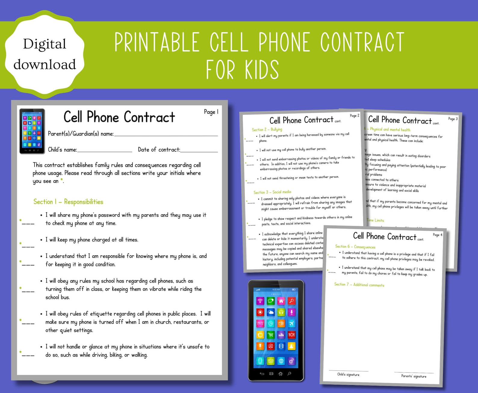 Printable Cell Phone Contract for Kids/teens | Cell Phone Agreement ...