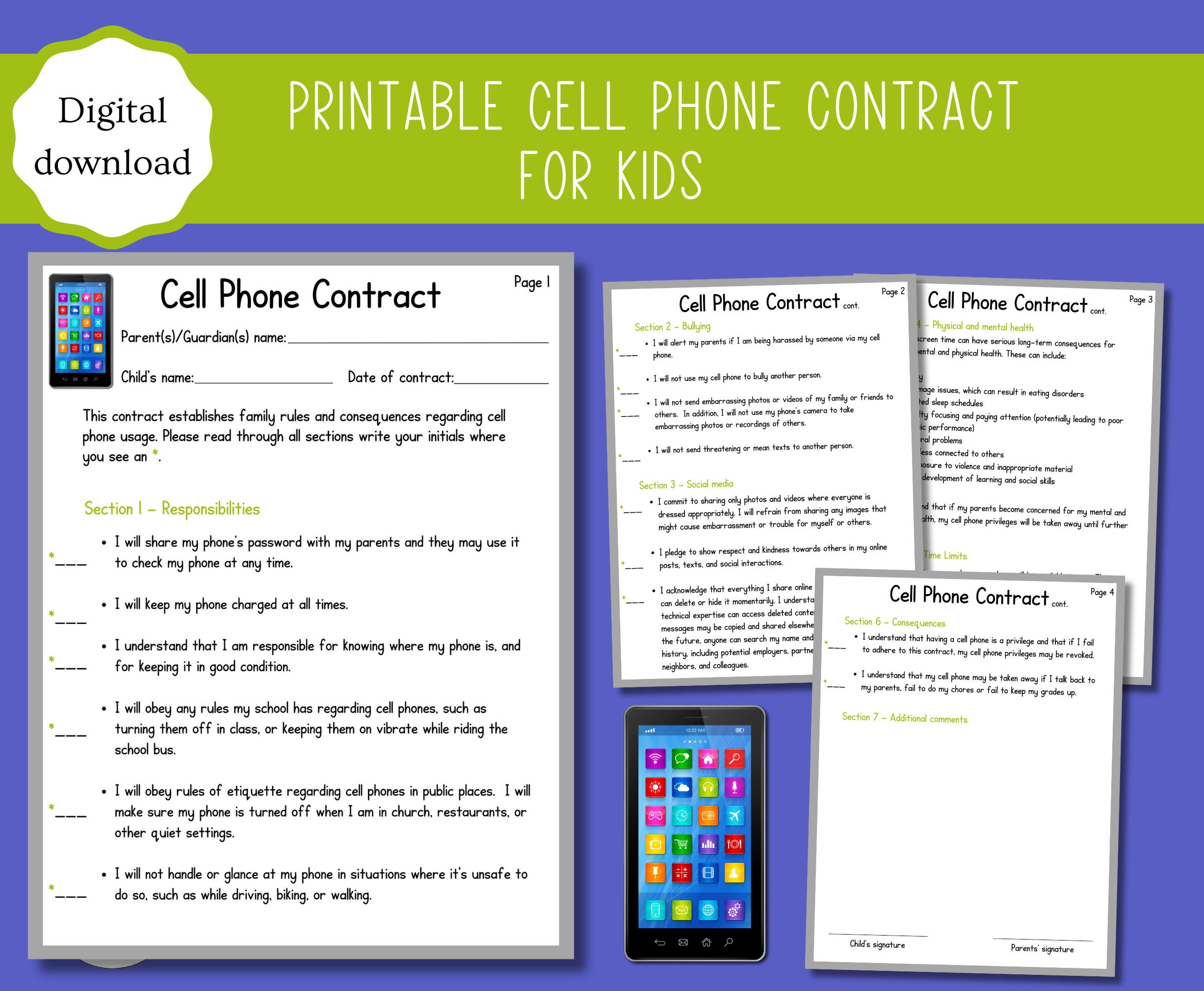 Printable Cell Phone Contract for Kids/teens | Cell Phone Agreement ...