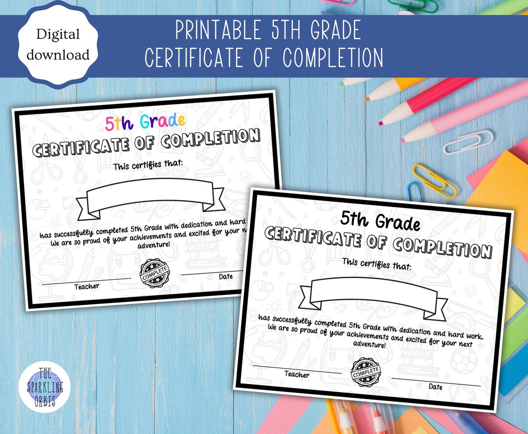 Printable 5th Grade Certificate of Completion | 5th Grade | Elementary ...