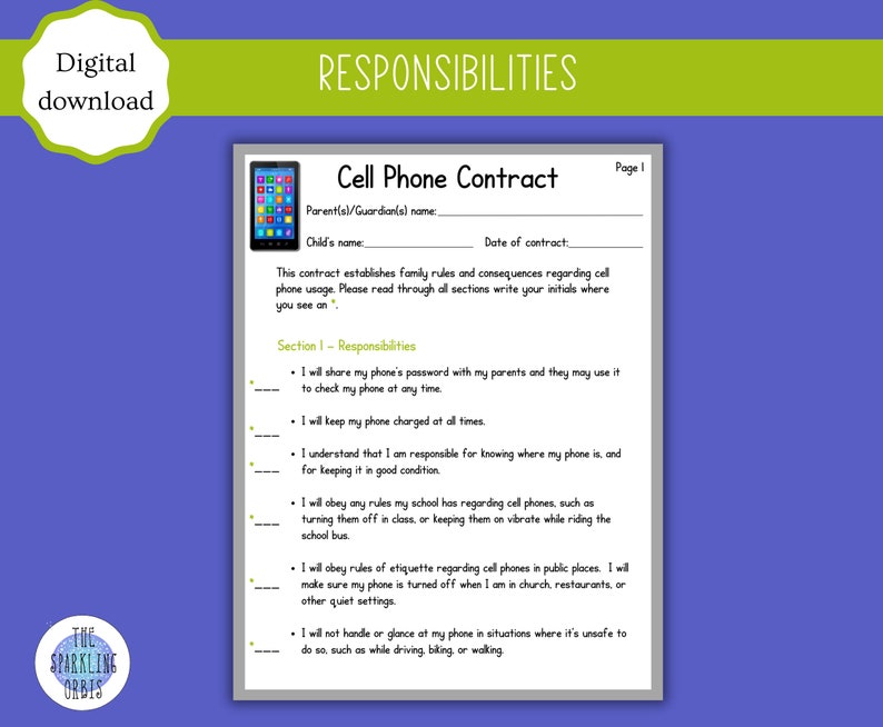 Printable Cell Phone Contract for Kids/teens | Cell Phone Agreement ...