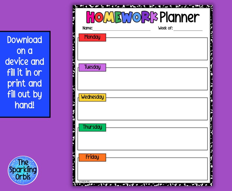 Editable Homework Planner Printable | Fillable PDF Assignment Planner ...