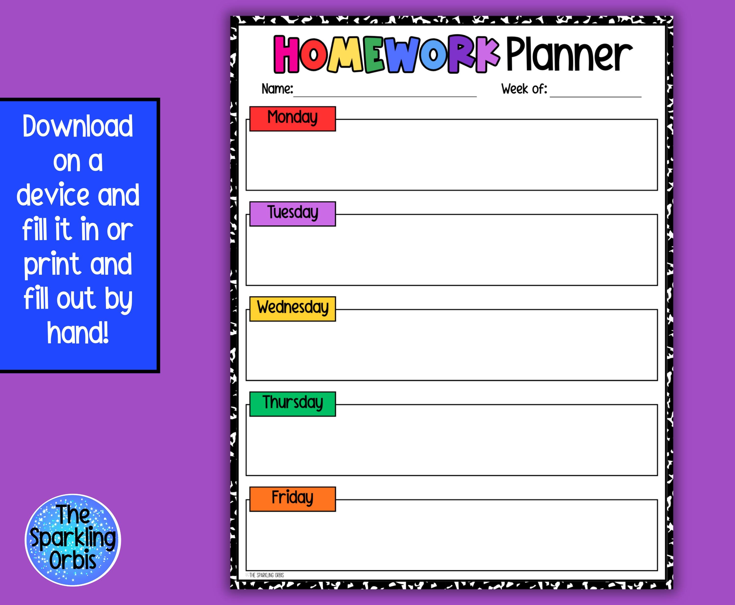Editable Homework Planner Printable | Fillable PDF Assignment Planner ...