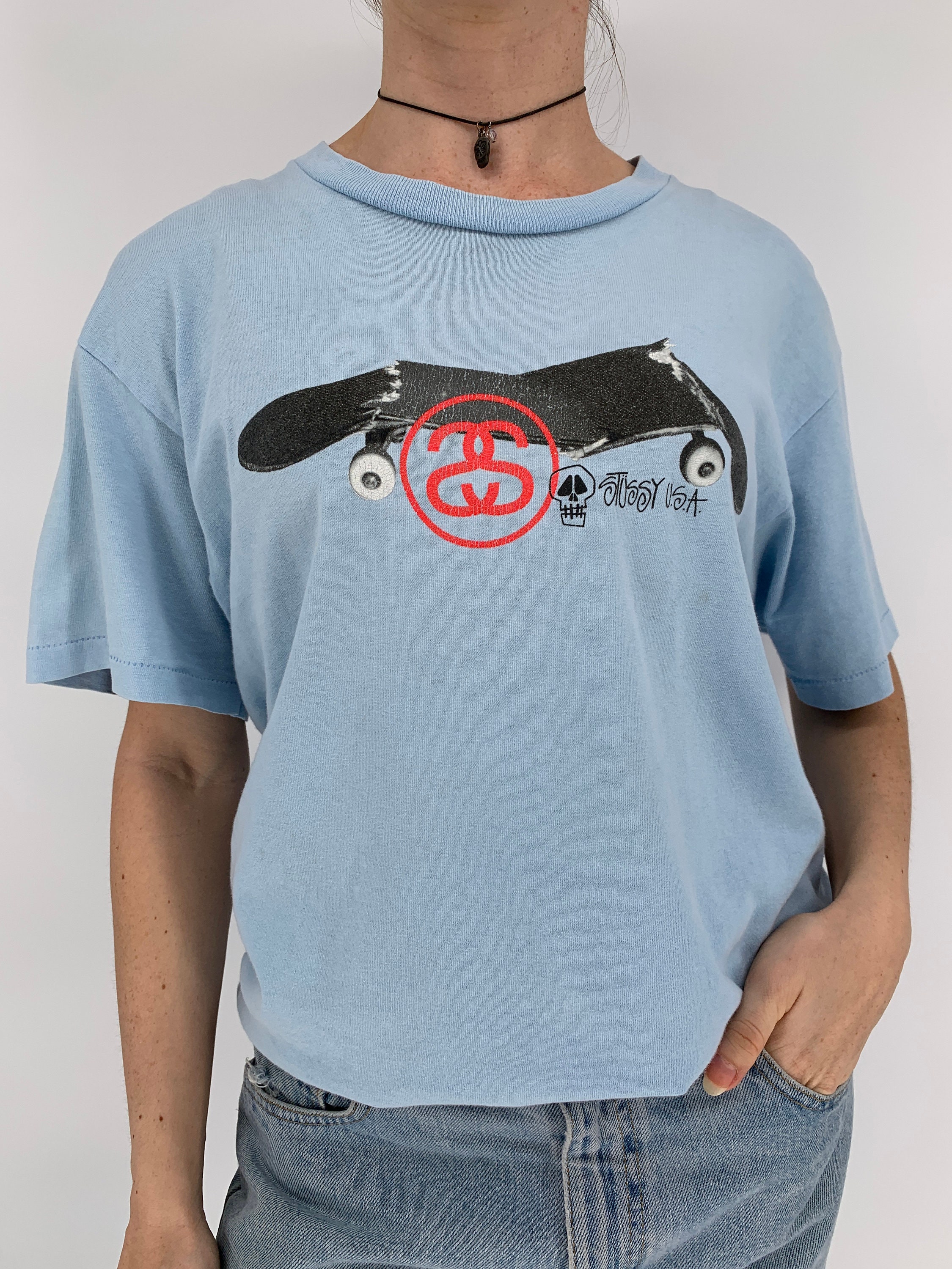 Vintage Stussy Made in USA Tee, Broken Skateboard Graphic Vintage Stussy Made in USA Tee, Broken Skateboard Graphic