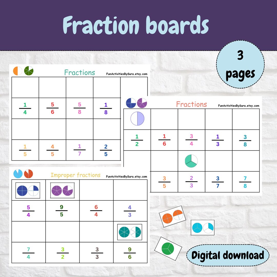 Fraction Printable Activity Board, Fraction Matching Printable ...