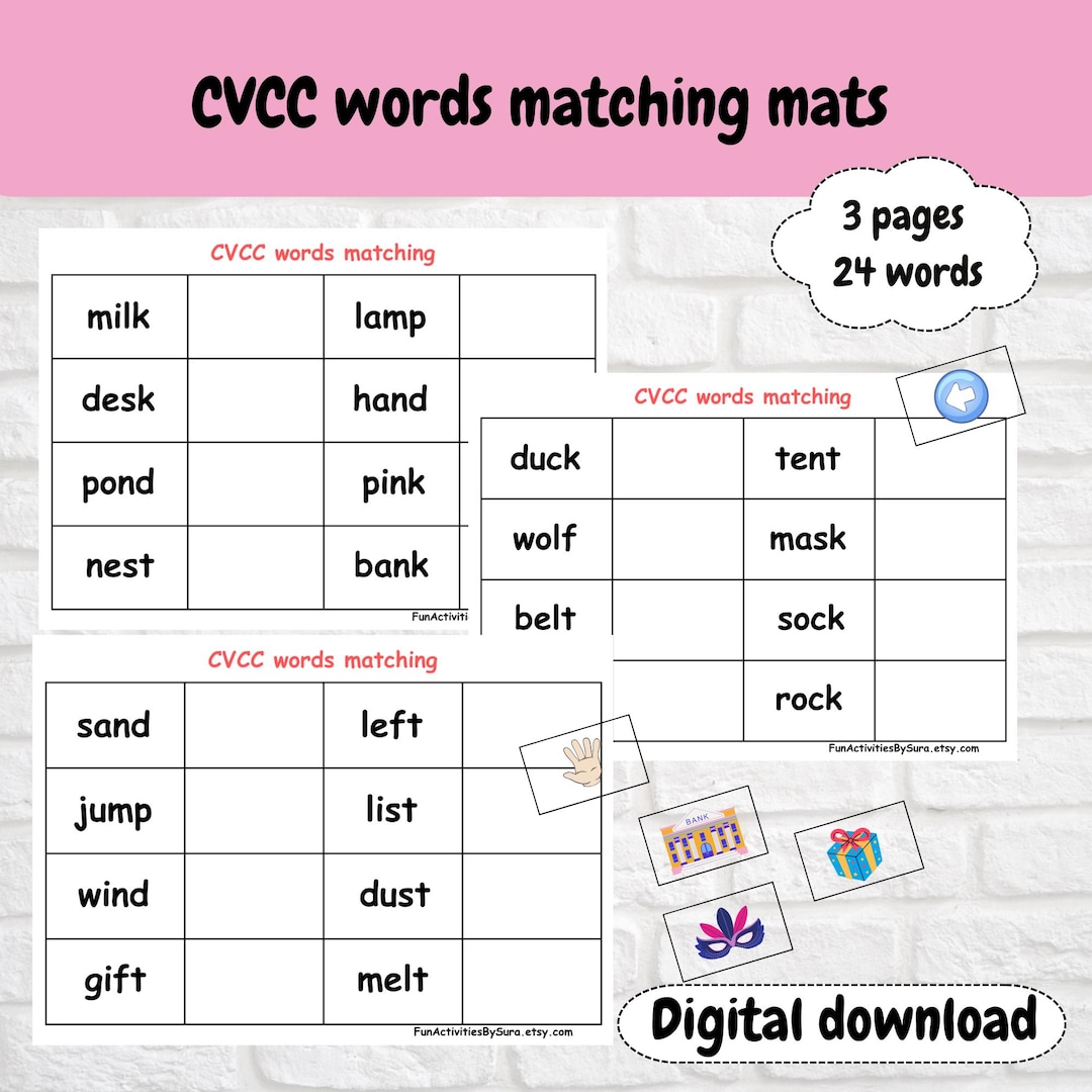 CVCC Words Matching Worksheets, Phonics Game, Educational Printable ...